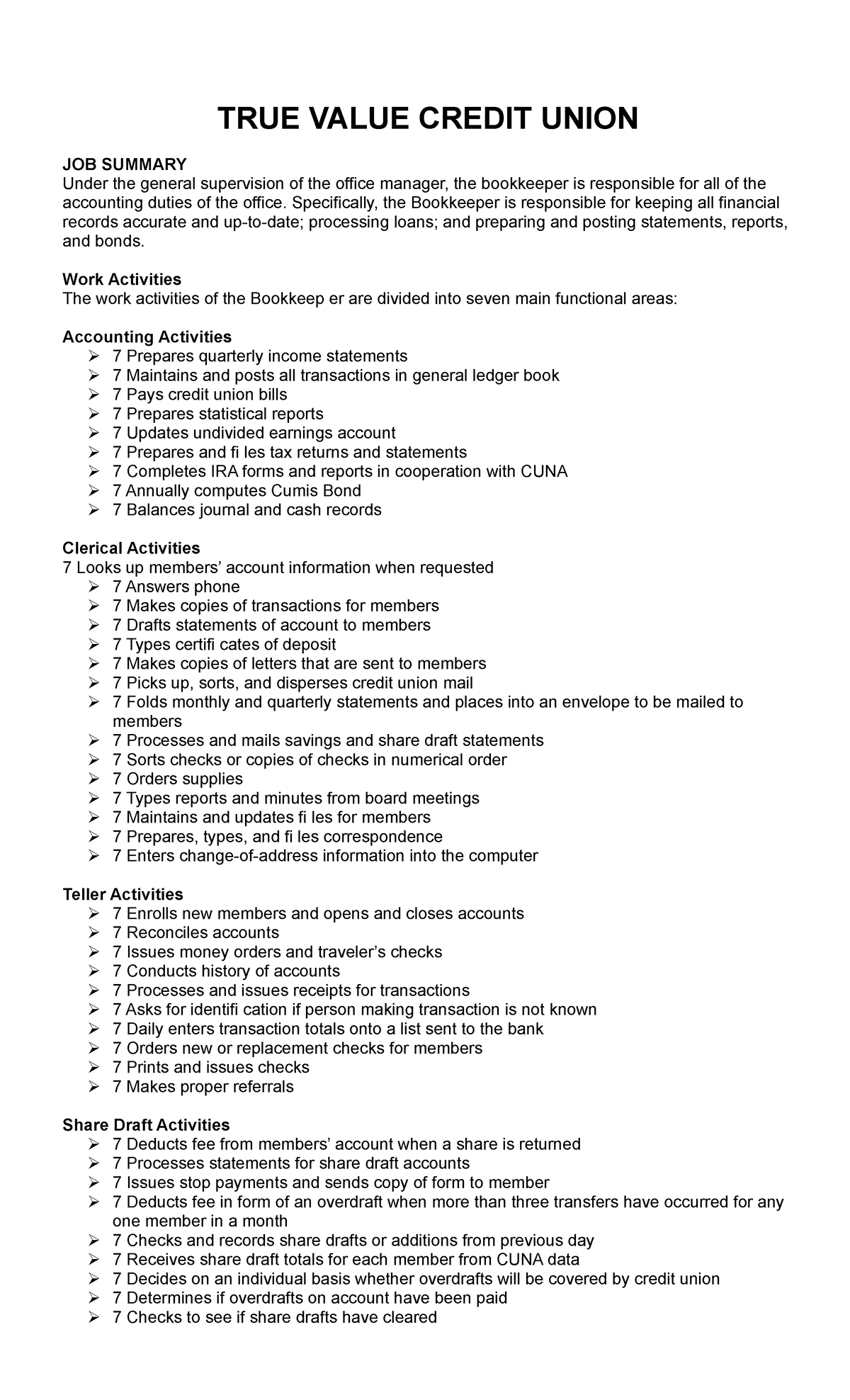 JOB Summary - How to write a job description - TRUE VALUE CREDIT UNION ...