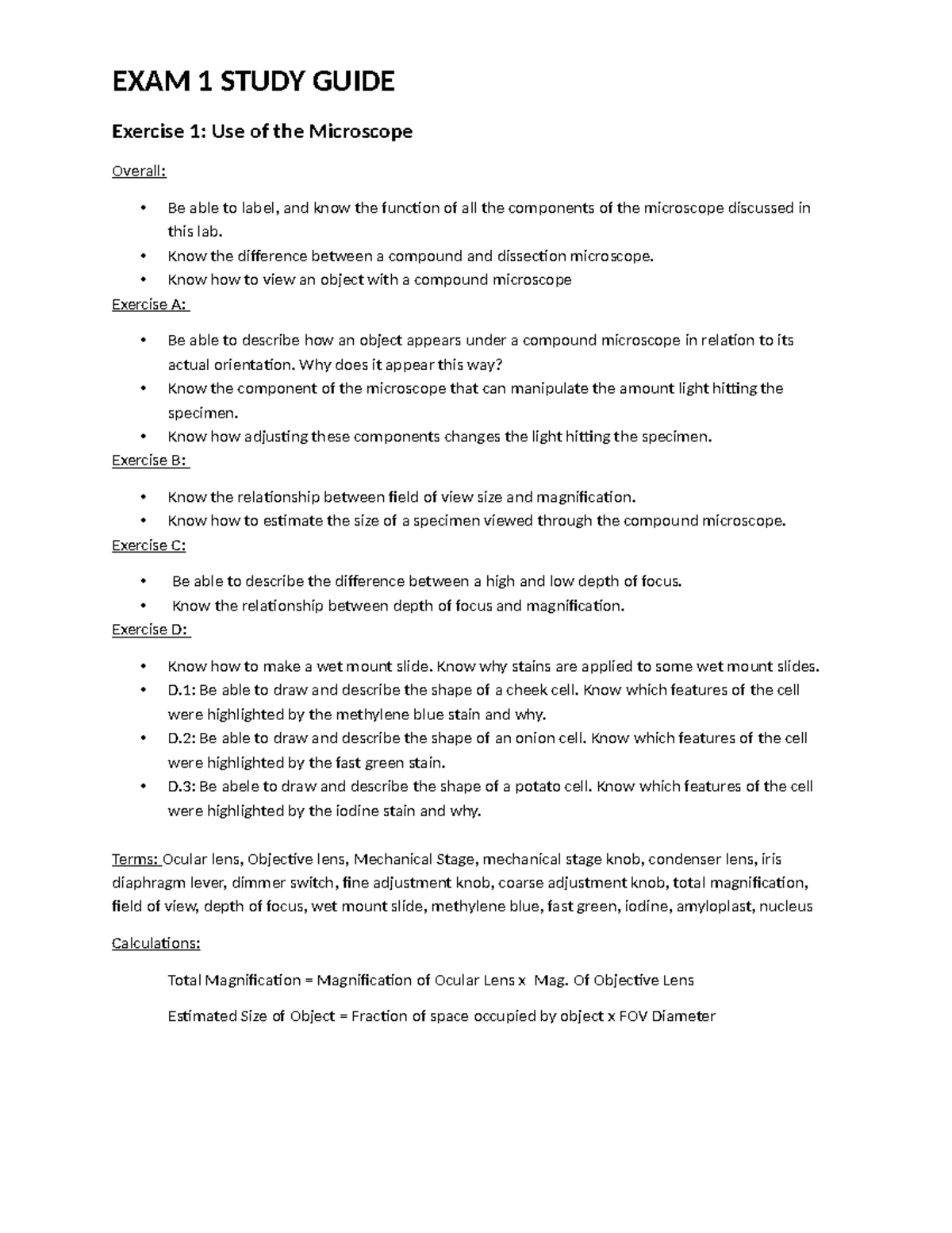 Biology 101: Exam 1 Study Guide on Microscopes & Acids/Bases - Studocu