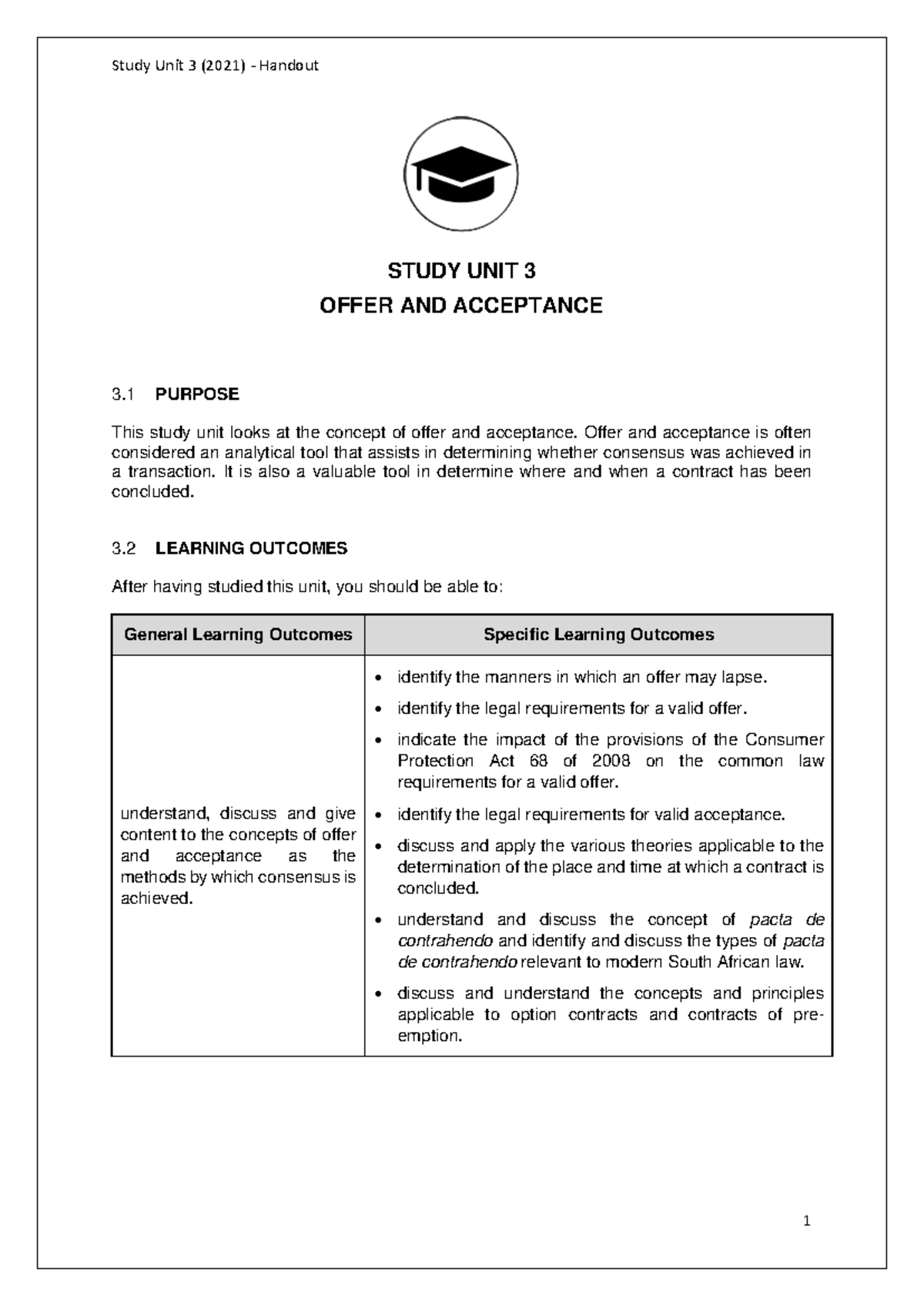 Unit 3 - Offer & Acceptance (Handout) - STUDY UNIT 3 OFFER AND ...