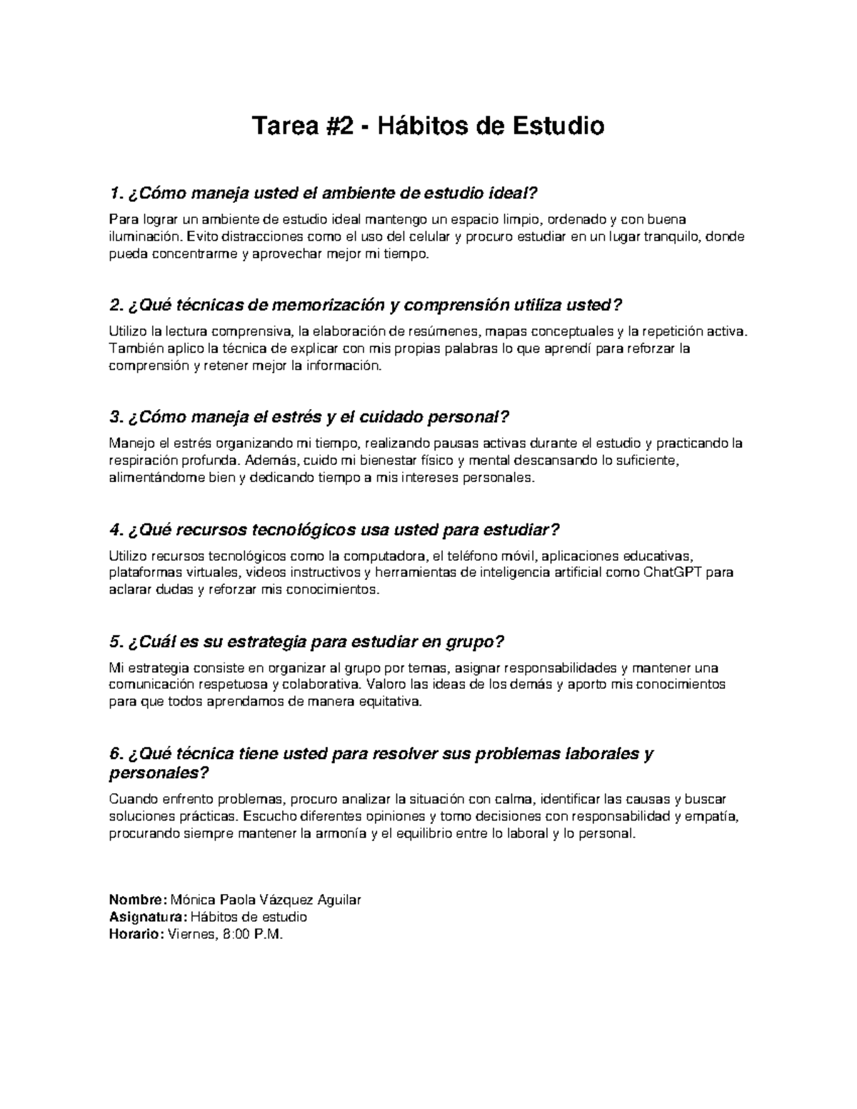 Tarea 2: Hábitos de Estudio - Mónica Paola Vázquez Aguilar - Studocu