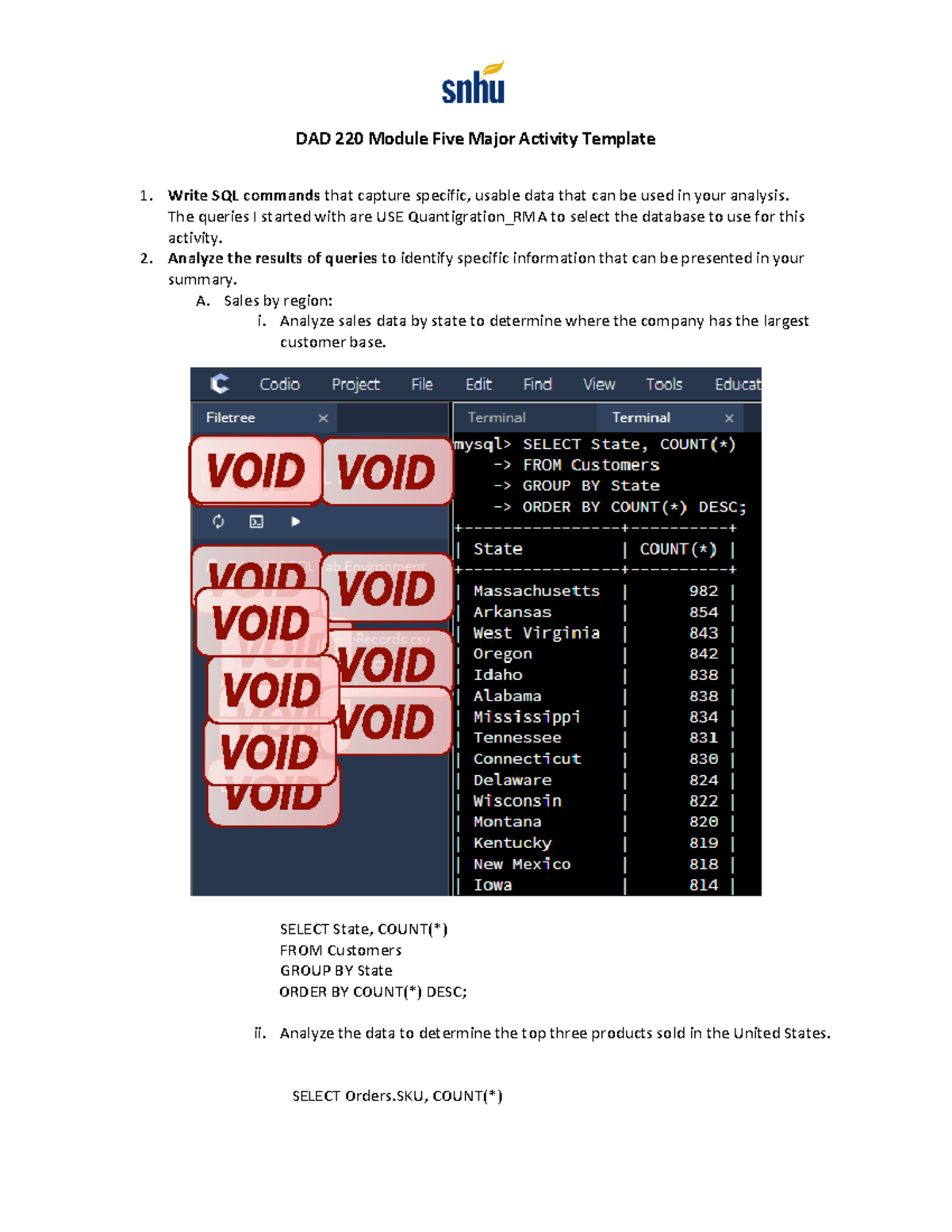 DAD 220 Module 5-3 - DAD 220 Module Five Major Activity Template Write SQL commands that capture ...