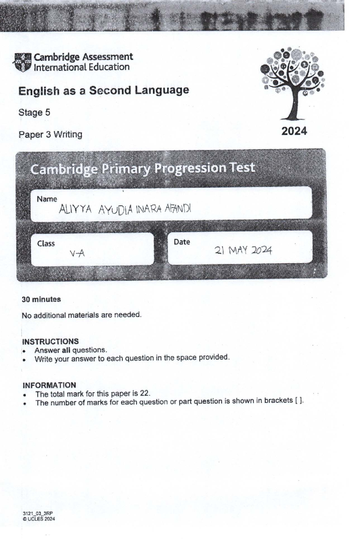 Cambridge Assessment 2 W International Education ESL Stage 5 Paper 3 ...