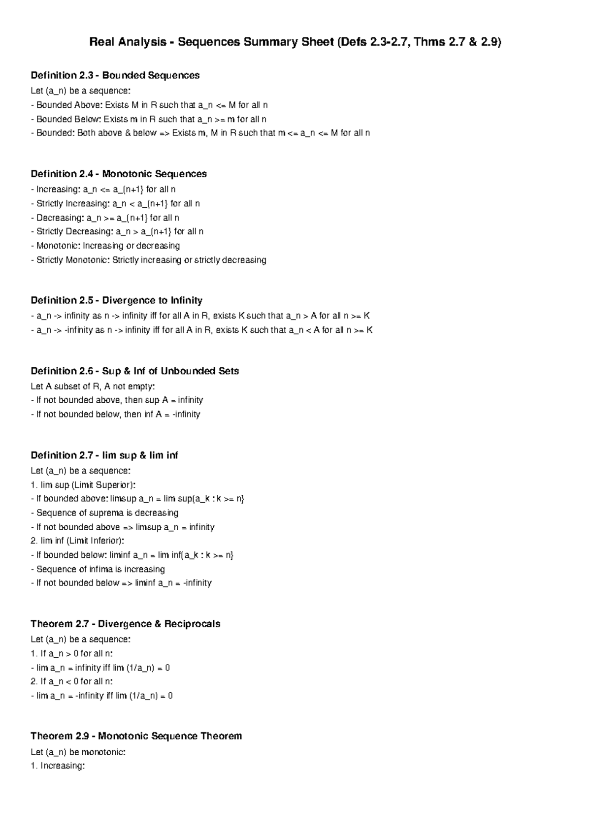 Real Analysis (MATH 301) Sequences Summary Sheet (Defs Thms 2.7 2.9 ...