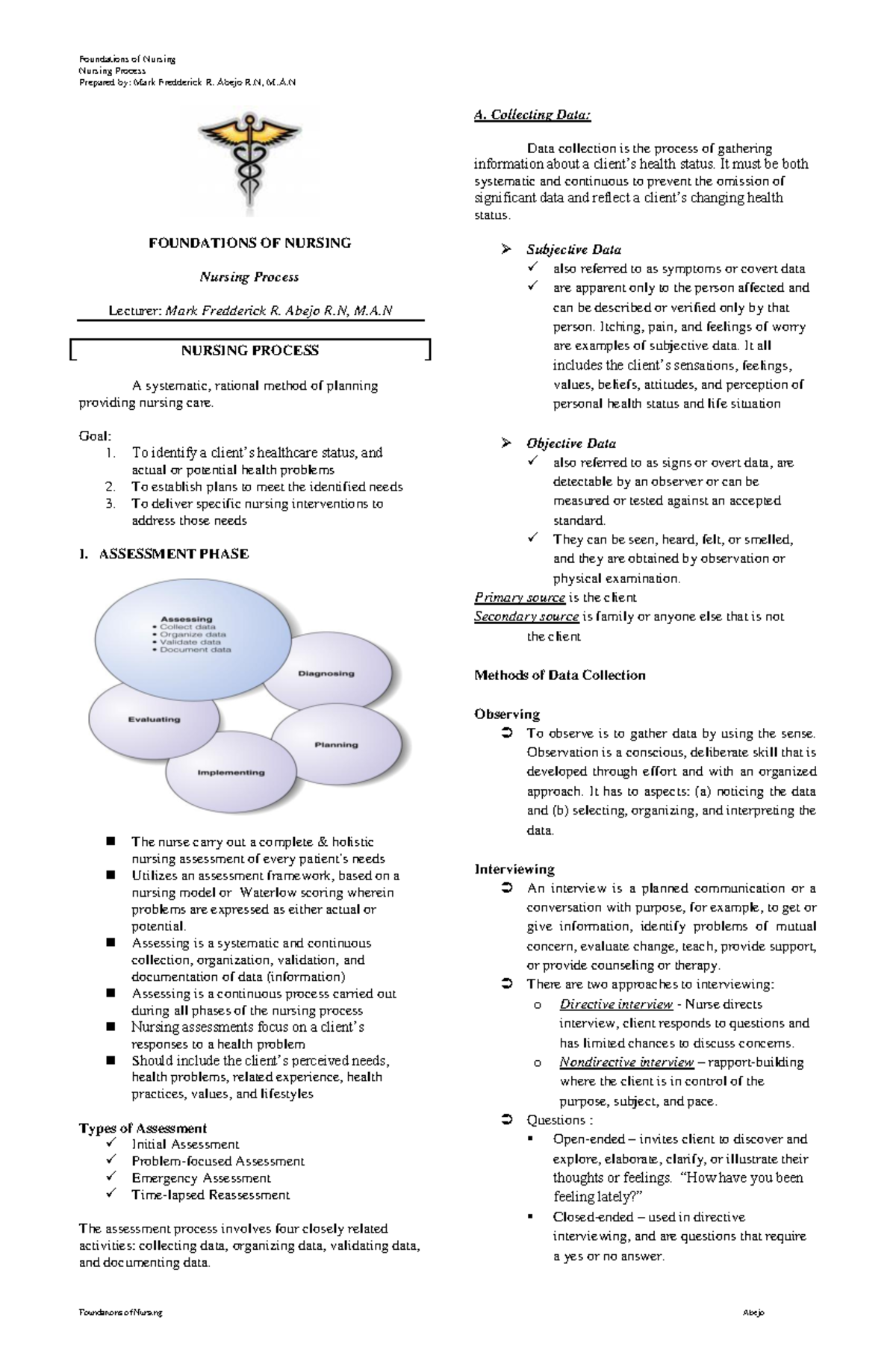 Nursing Process Handouts (NURS 101): Comprehensive Guide to Patient ...