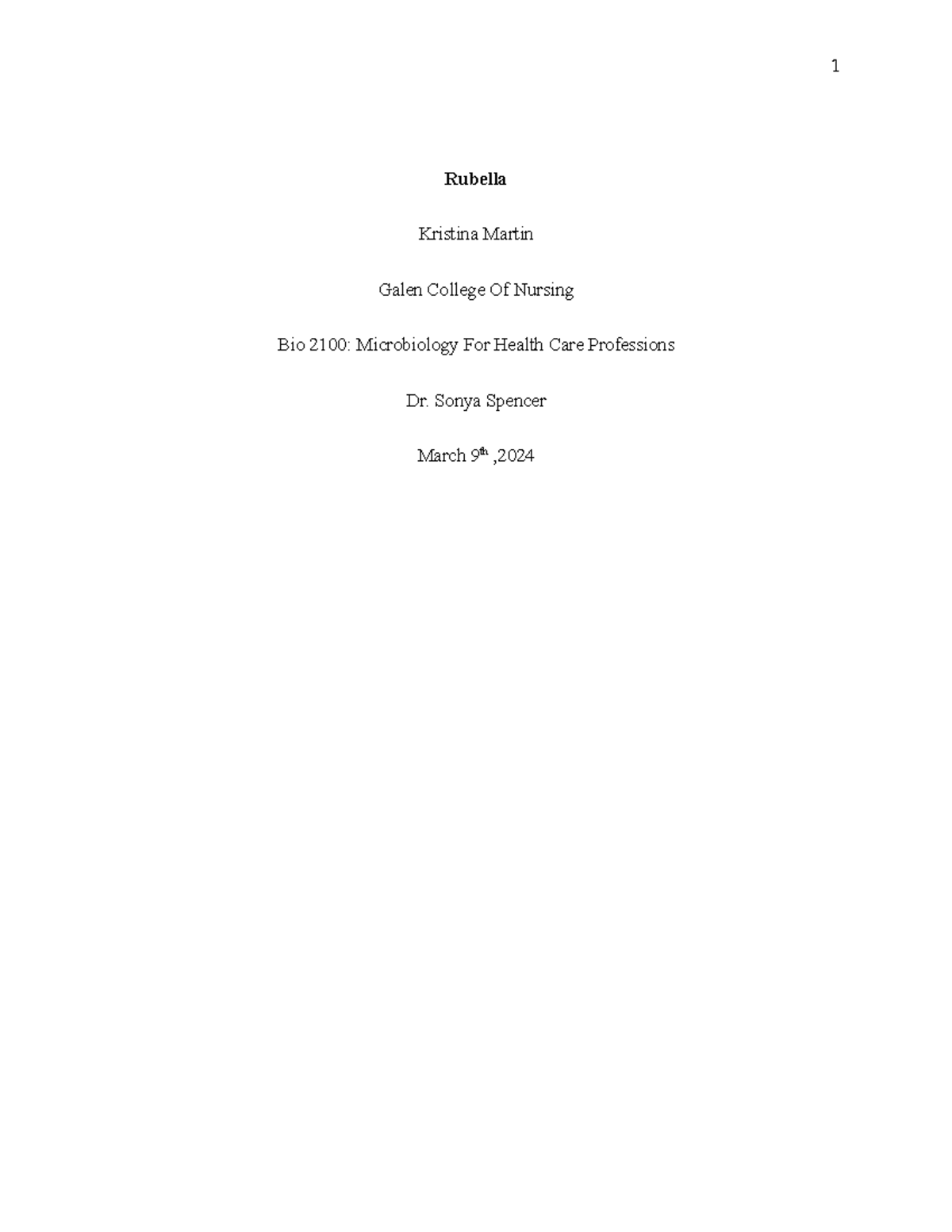 Rubella - Patho paper for Micro - Rubella Kristina Martin Galen College ...