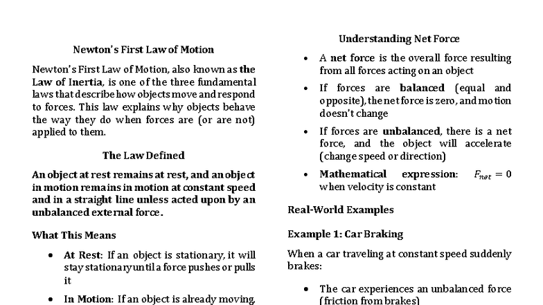 PHYS 101: First Law of Motion - Understanding Inertia and Forces - Studocu