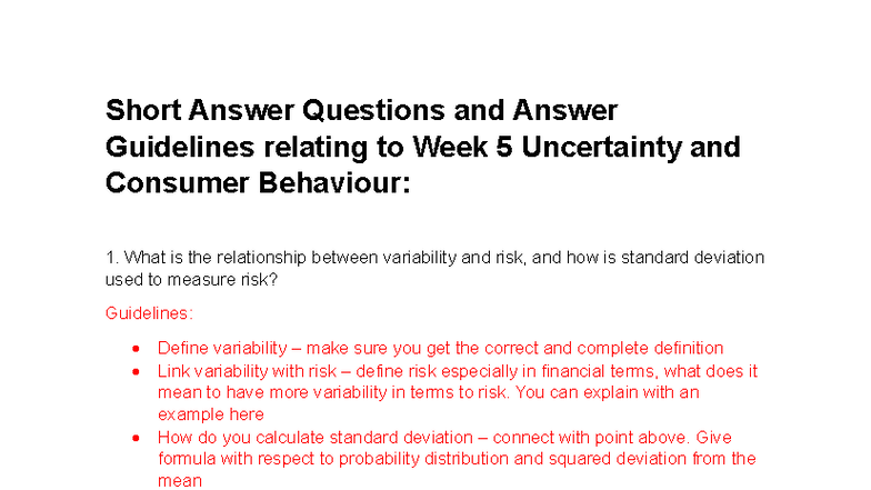 Short Answer Questions: Week 5 Uncertainty & Consumer Behaviour - Studocu