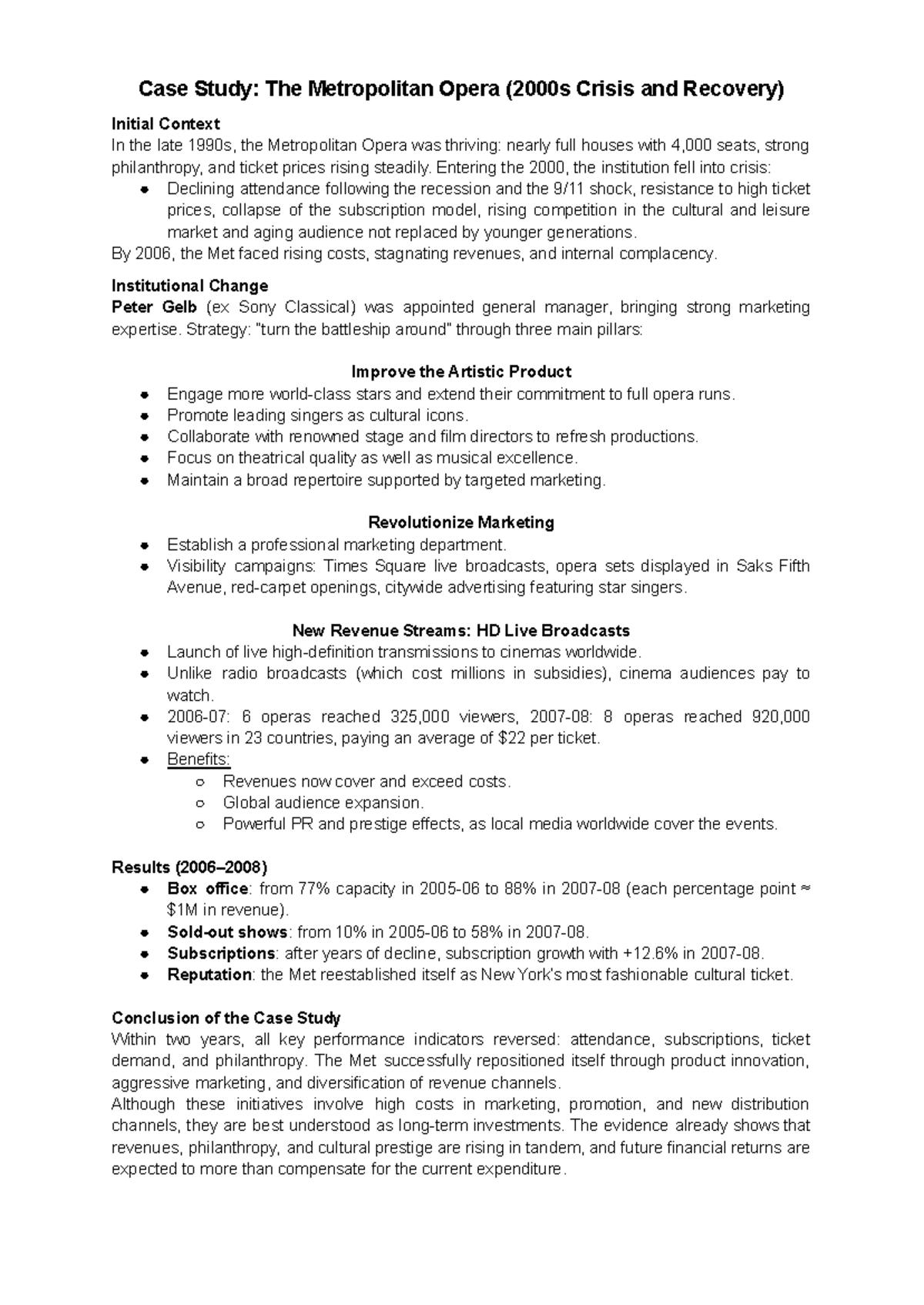 Case Study: The Metropolitan Opera Crisis & Recovery (2000s) - Studeersnel