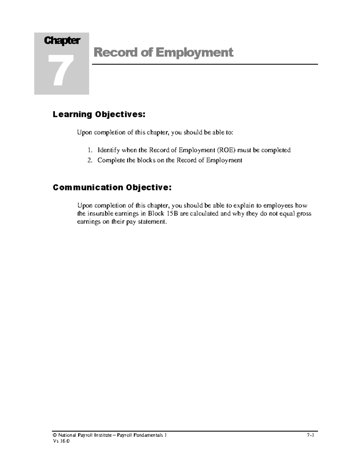 2023 PF1 Chapter 7 - Understanding the Record of Employment (ROE) - Studocu