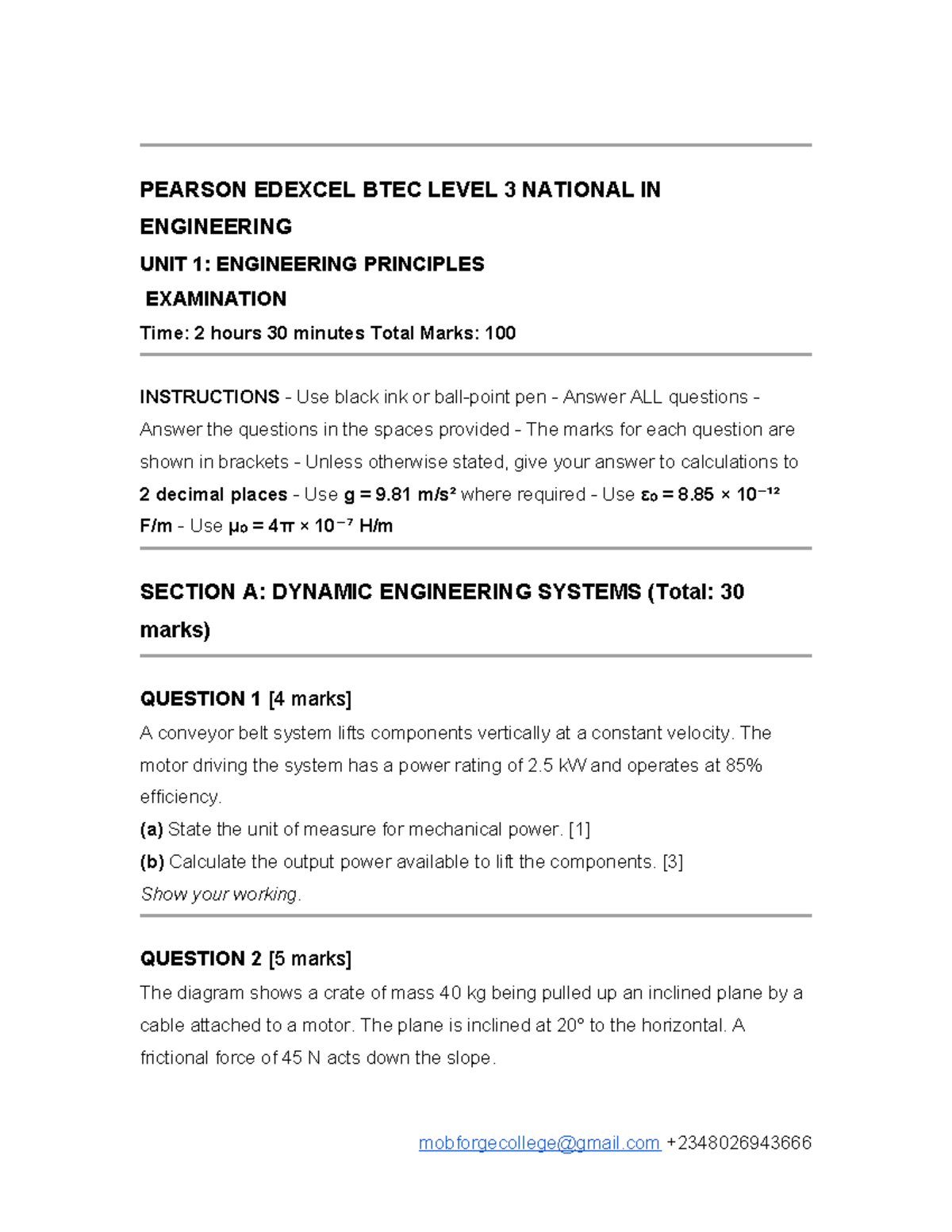 PEARSON EDEXCEL BTEC L3 ENGINEERING UNIT 1: PRINCIPLES ASSESSMENT - Studocu