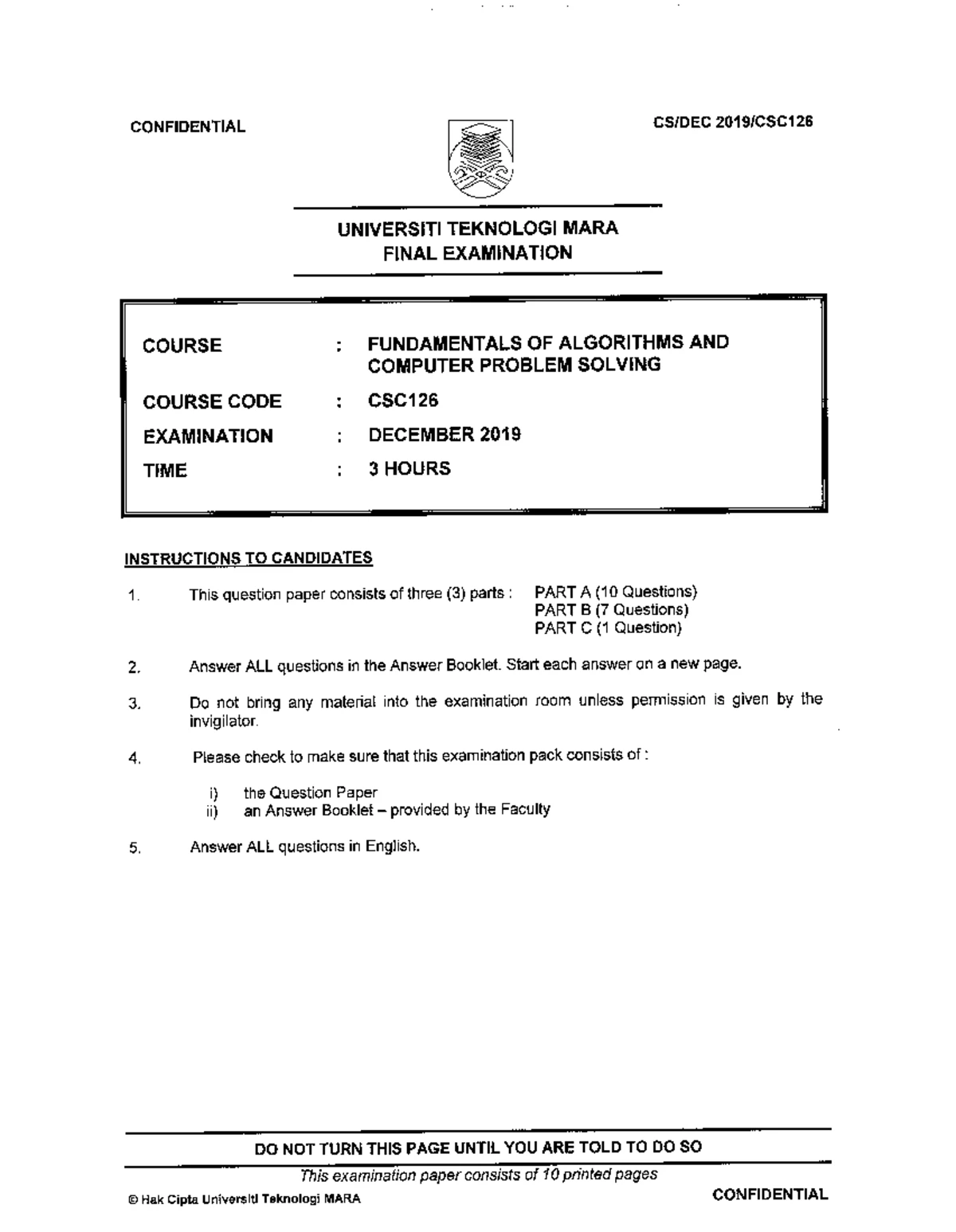 CSC126 - Quiz 1 Apr21 - QUIZ 1 - Fundamental of Algorithm and Computer ...