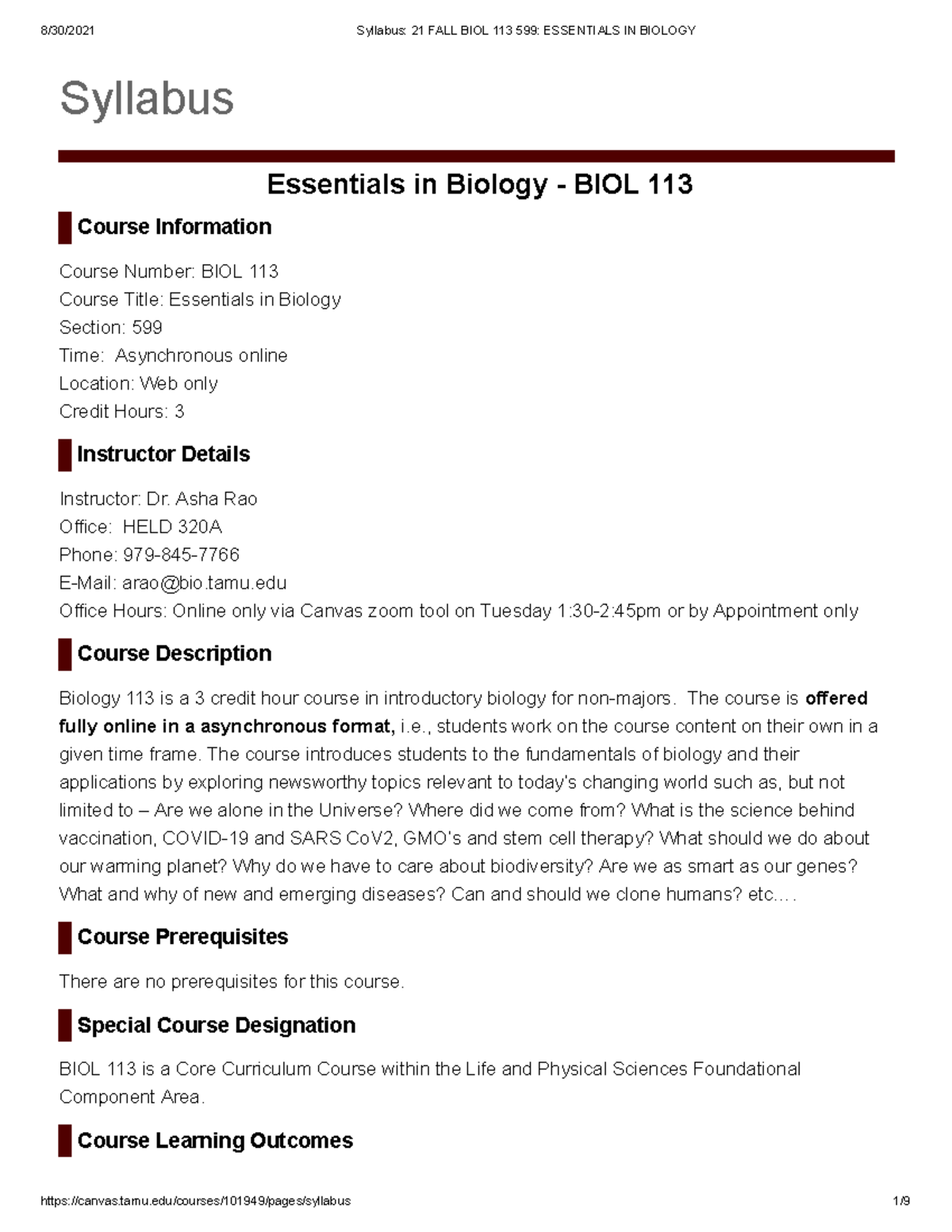 BIOL 113 Syllabus: Essentials in Biology Course Overview and Policies ...