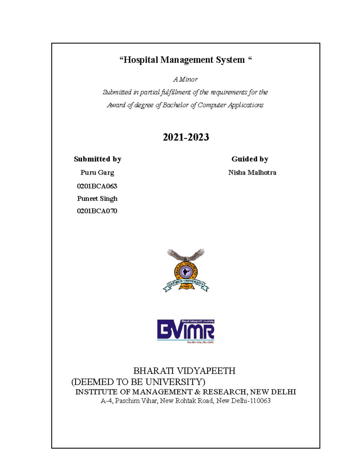 Minor project Hospital Management System - “Hospital Management System ...