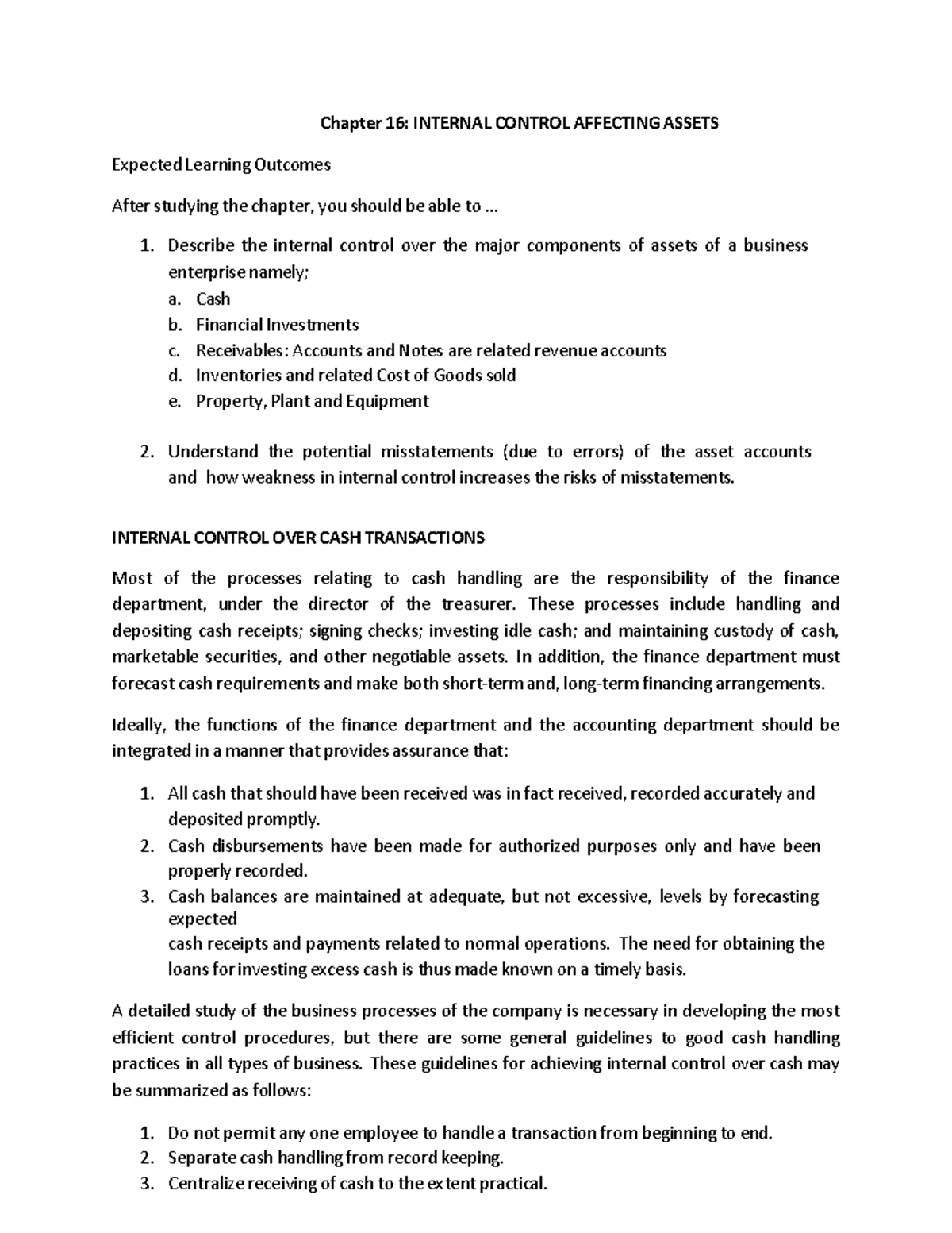 Chapter 16: Internal Control Over Assets and Misstatement Risks - Studocu