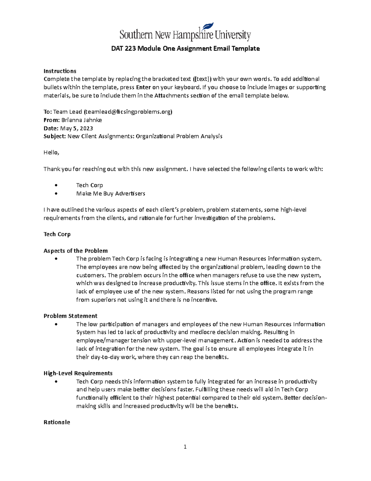 DAT 223 Module 1 Assignment: Client Problem Analysis Template - Studocu