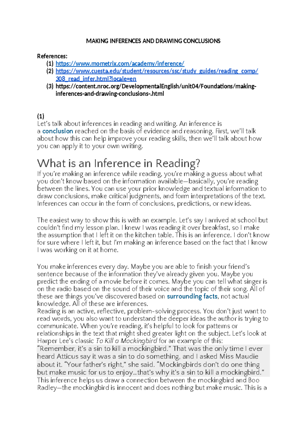Notes on Making Inferences & Drawing Conclusions in Reading/Writing ...