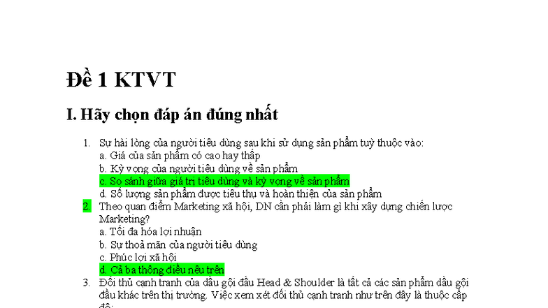 Đề 1 KTVT: Trắc Nghiệm Marketing Căn Bản - Đề 2 - Studocu