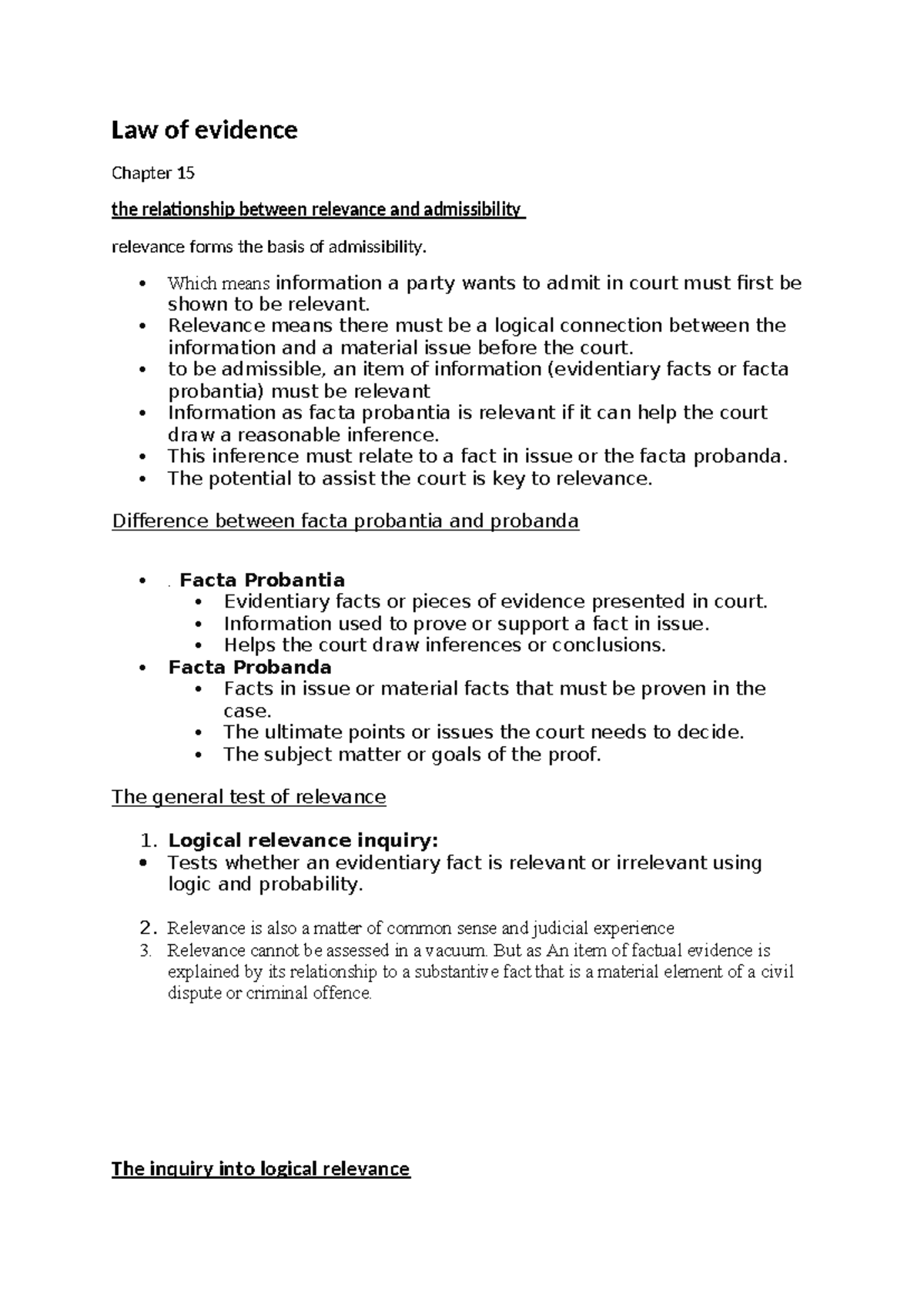 Law of Evidence: Ch. 15 - Relevance & Admissibility Explained - Studocu