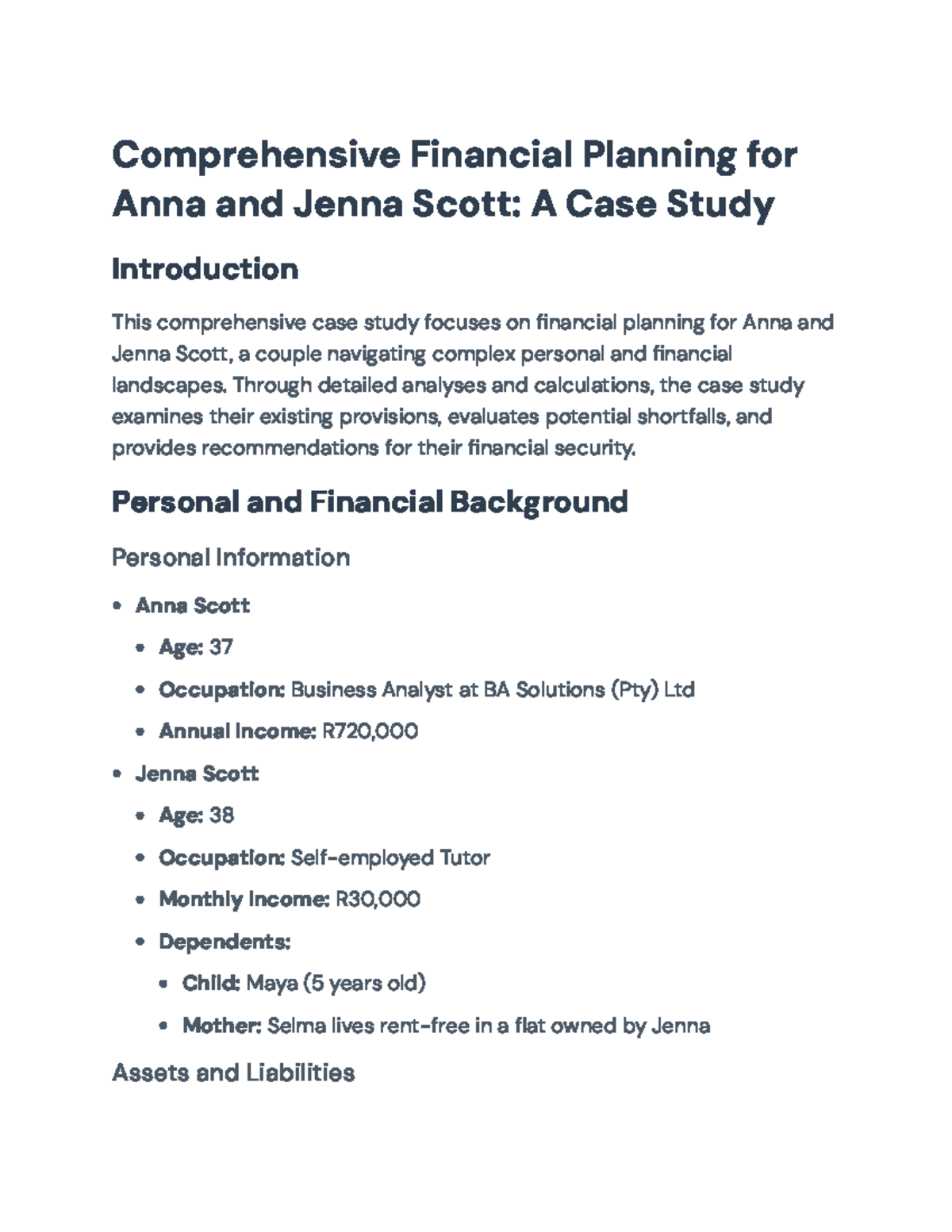 Comprehensive Financial Planning Case Study: Anna & Jenna Scott - Studocu