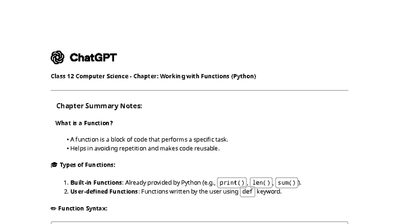 Class 12 Computer Science: Working with Functions (Python) Summary ...