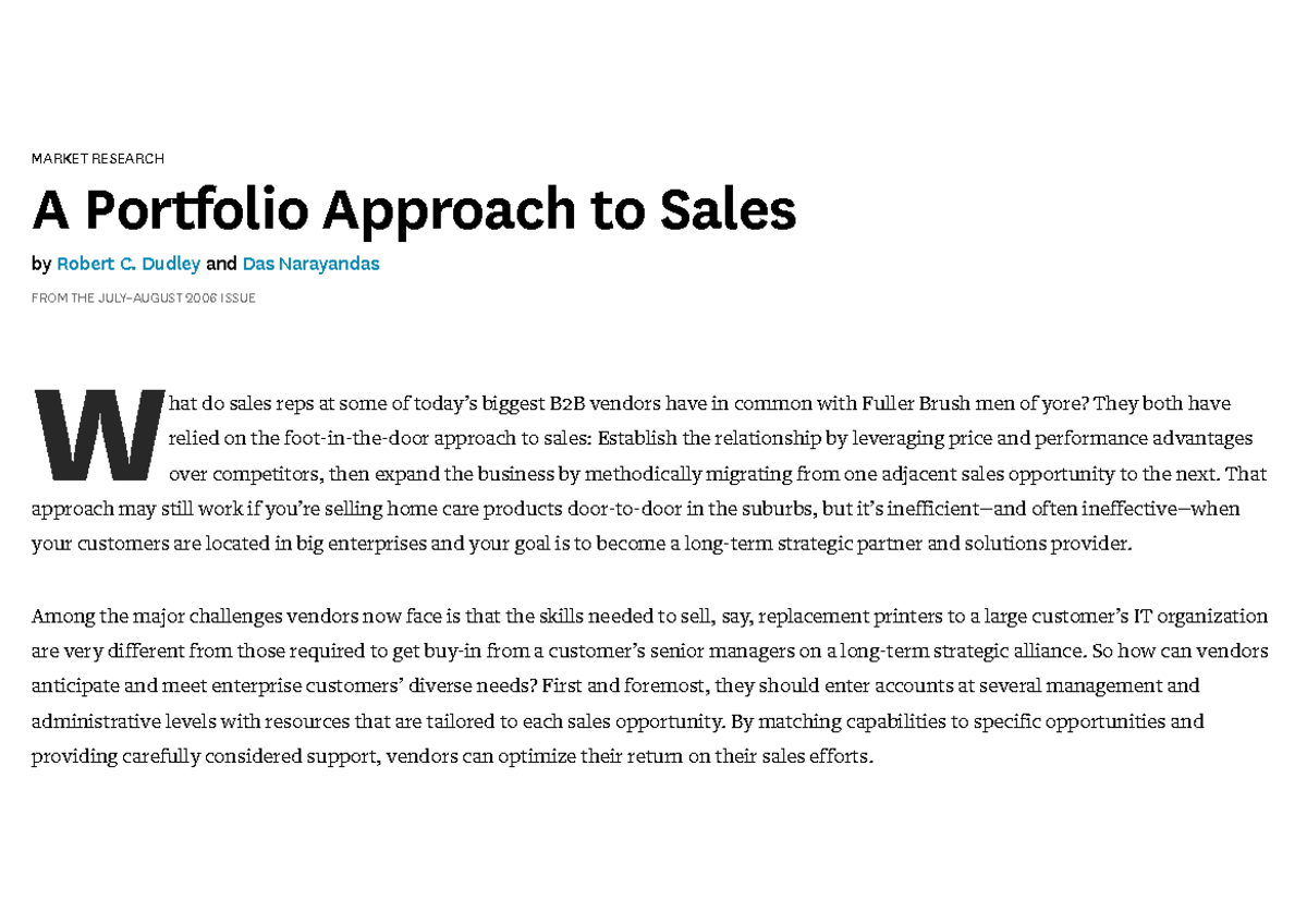A Portfolio Approach to Sales - MARKET RESEARCH A Portfolio Approach to ...