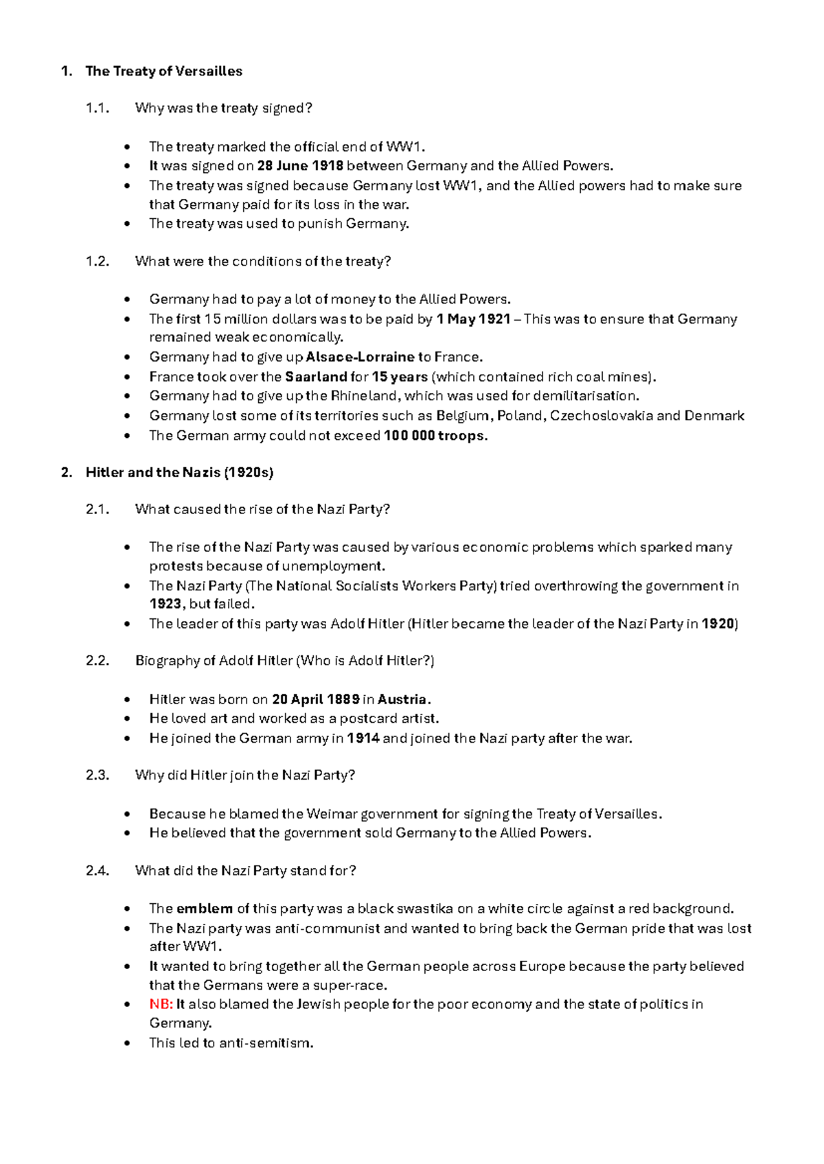 WW2 History Summaries: The Treaty of Versailles & Rise of Nazi Germany ...