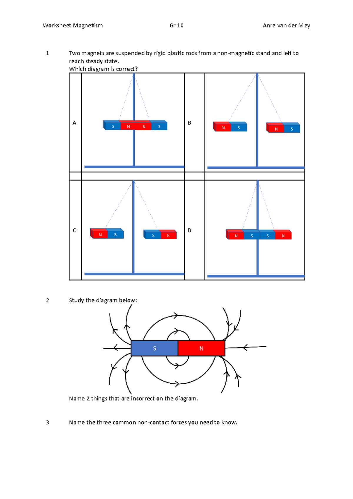 Gr 10 Physical Science - Magnetism worksheet - 1 Two magnets are ...