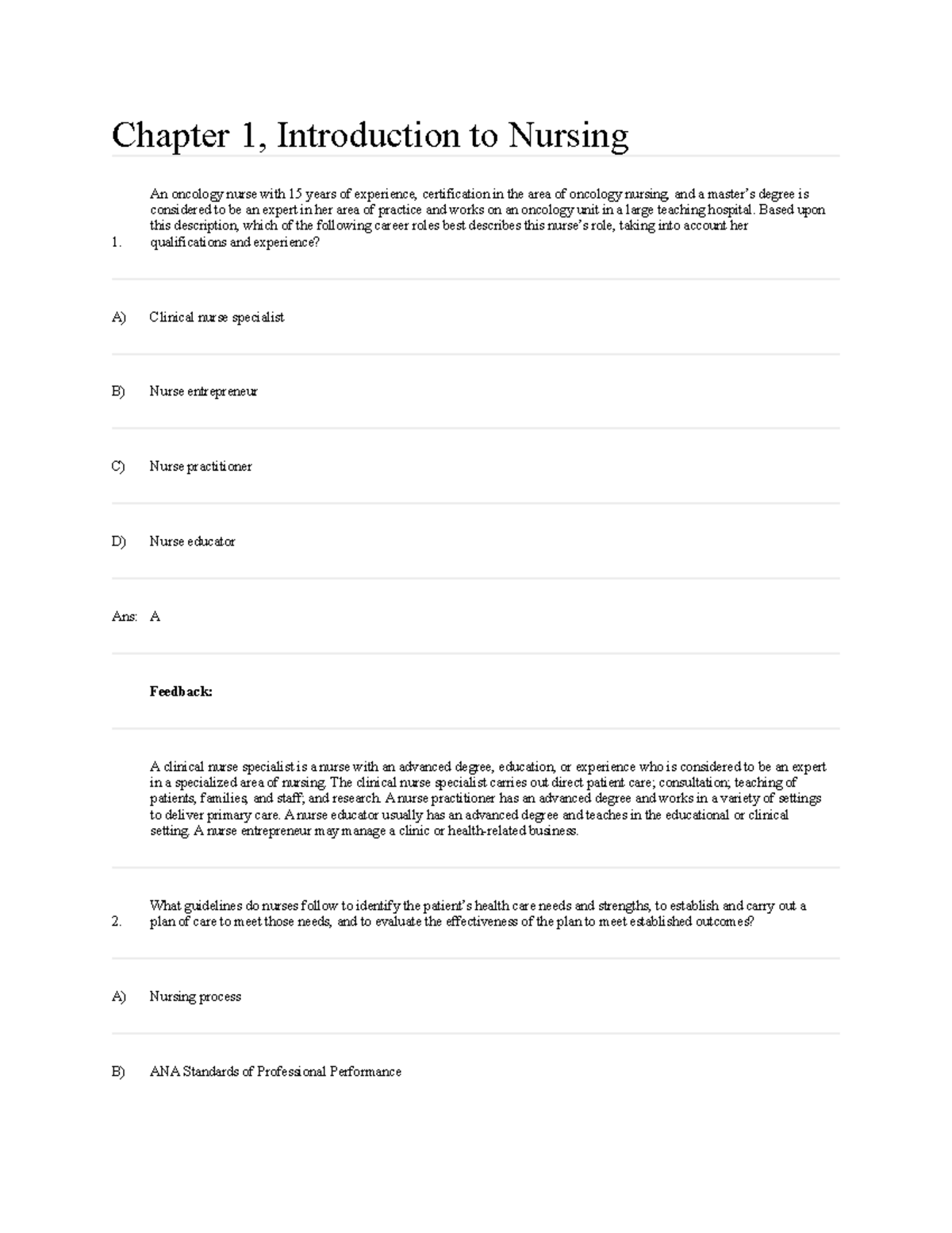 NUR 101 Chapter 1 - Practice Questions for Nursing Fundamentals - Studocu