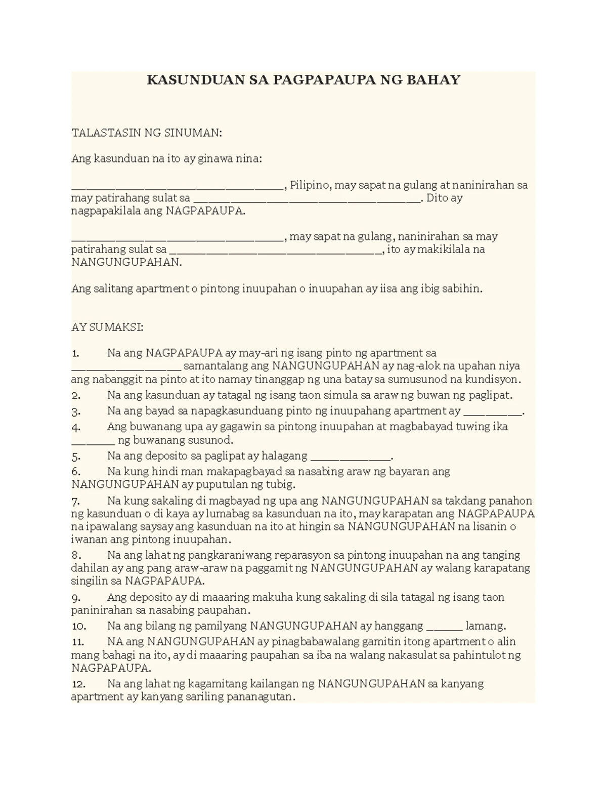 Lease Agreement Tagalog - KASUNDUAN SA PAGPAPAUPA NG APARTMENT ...