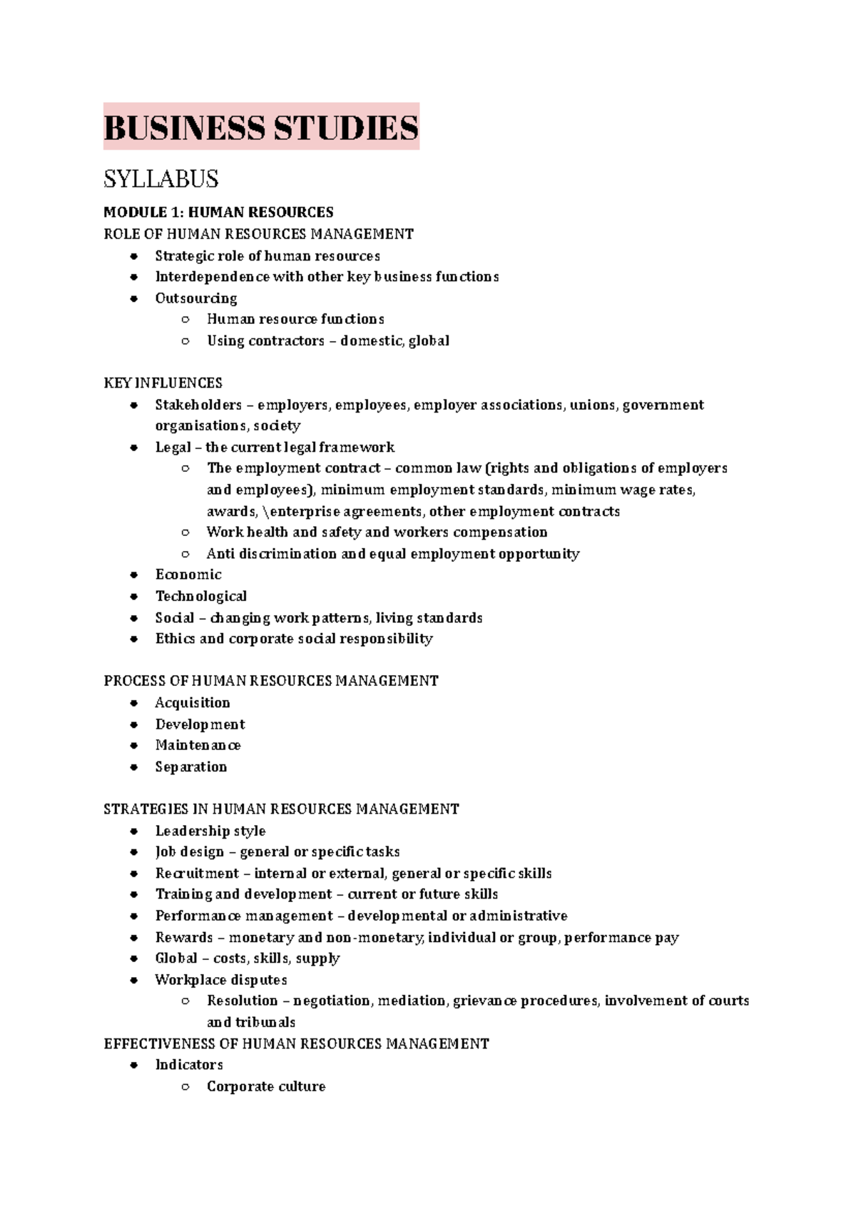 Business Studies HSC Syllabus: Human Resources & Operations Management ...
