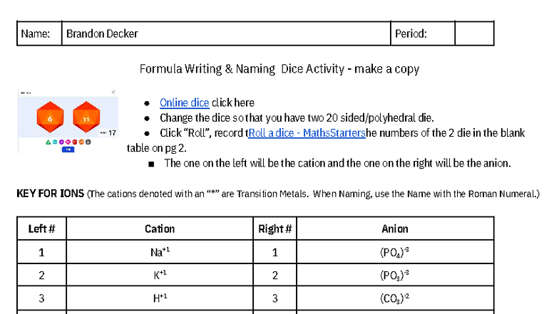Ionic Formula Writing Dice Activity - Studocu
