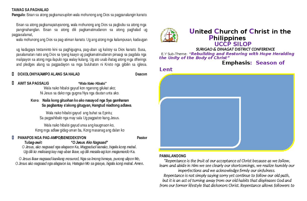 Order of Worship Sample for UCCP Silop - March 10, 2024 - Studocu