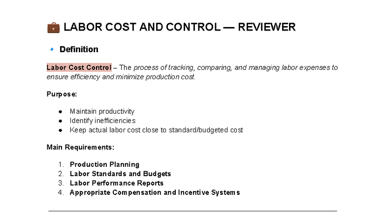 Labor Cost Control (ACC 101) - Comprehensive Reviewer Guide - Studocu