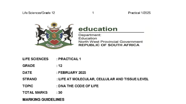 2025 Grade 12 Life Sciences Practical 1 Marking Guidelines - Studocu