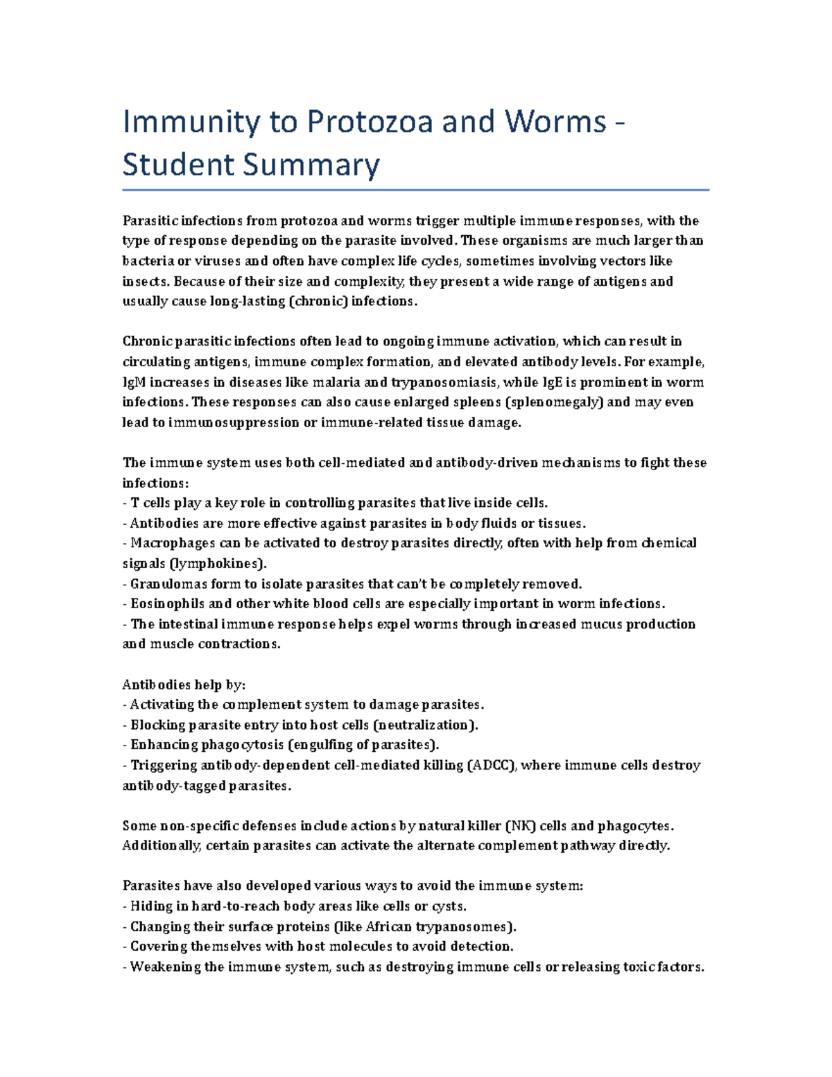 Immunity to Protozoa and Worms: Student Summary Notes - Studocu