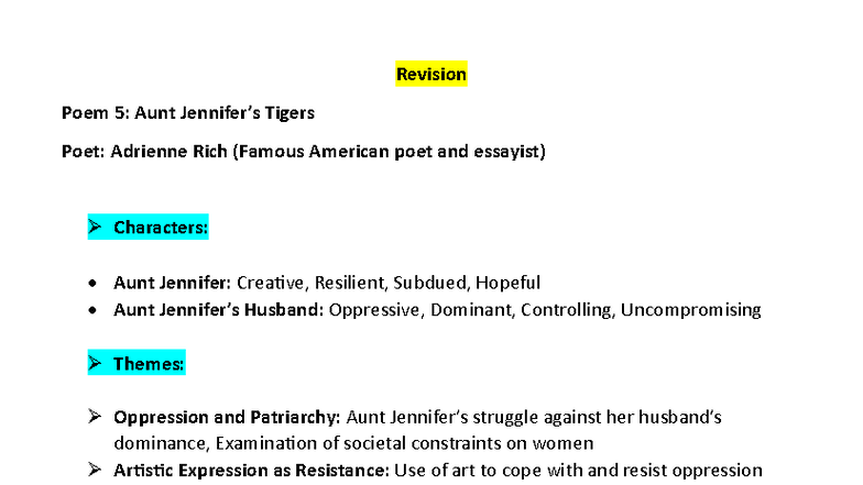 Revision Poem 5: Aunt Jennifer's Tigers Analysis (Flamingo) - Studocu