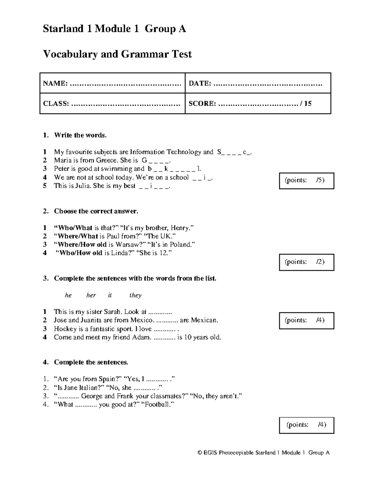Starland 1 Module 1 Group A Vocabulary & Grammar Test - Studocu