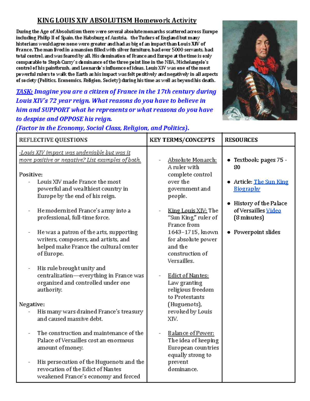 KING XIV Absolutism Homework: Analyzing His Reign's Impact - Studocu