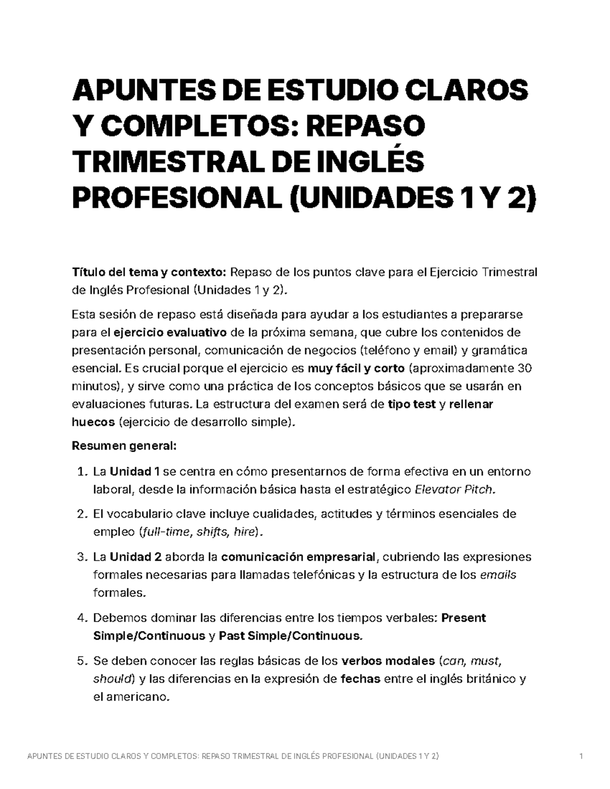 APUNTES DE ESTUDIO: REPASO TRIMESTRAL INGLÉS PROFESIONAL (UNIDADES 1 Y ...