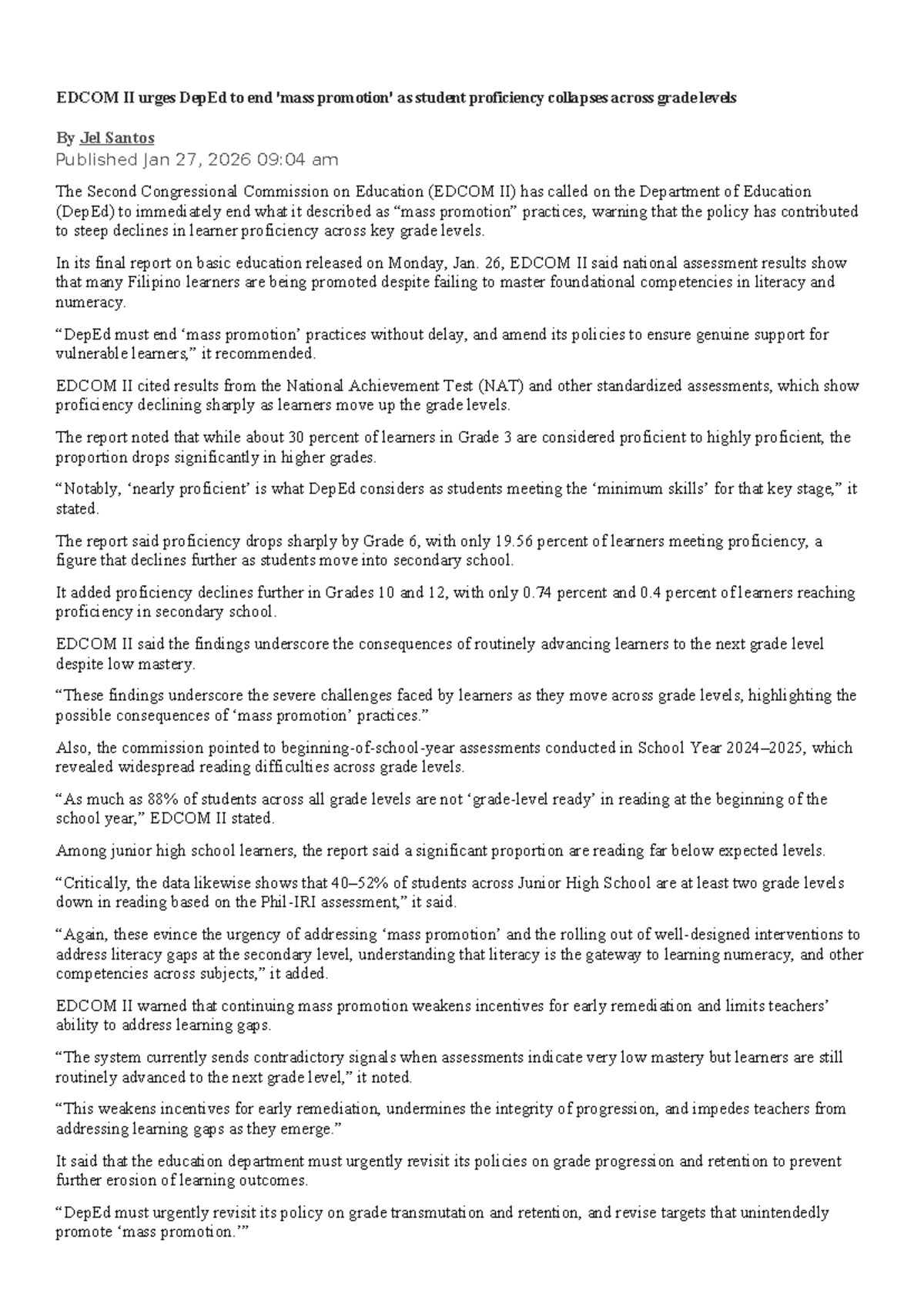 EDCOM II Calls for End to 'Mass Promotion' Amid Declining Student ...