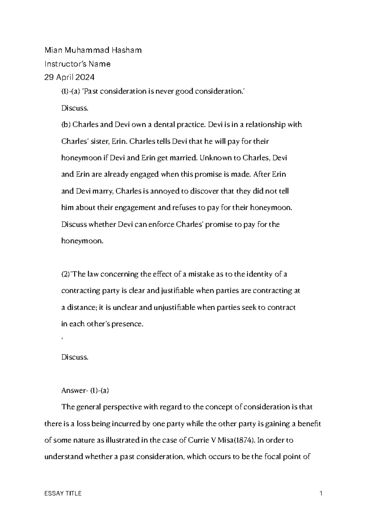 Misrepresentation Analysis: Past Paper - Law Case Studies - Studocu