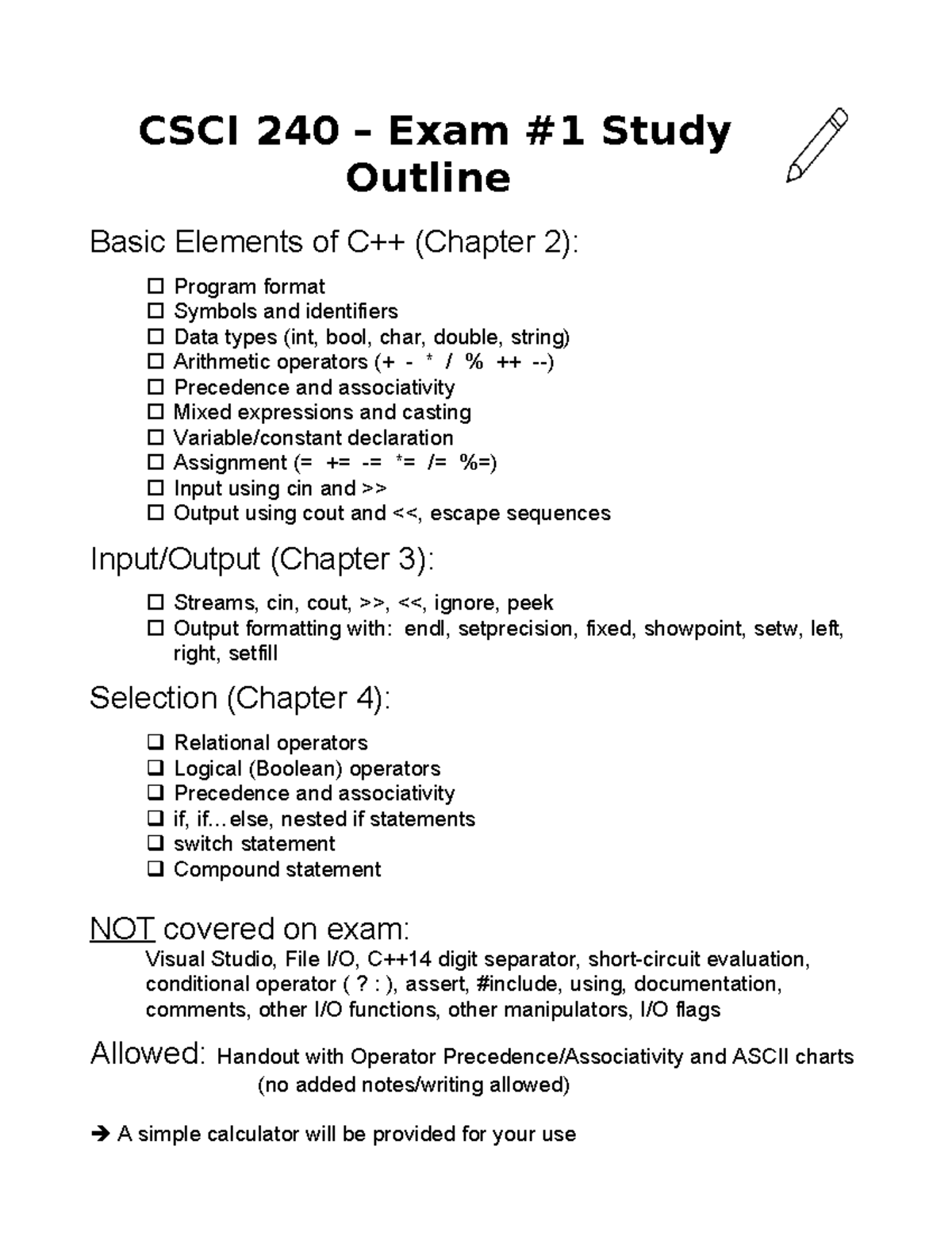 Csci 240 Exam 1 Study Outline C Basics Concepts Studocu