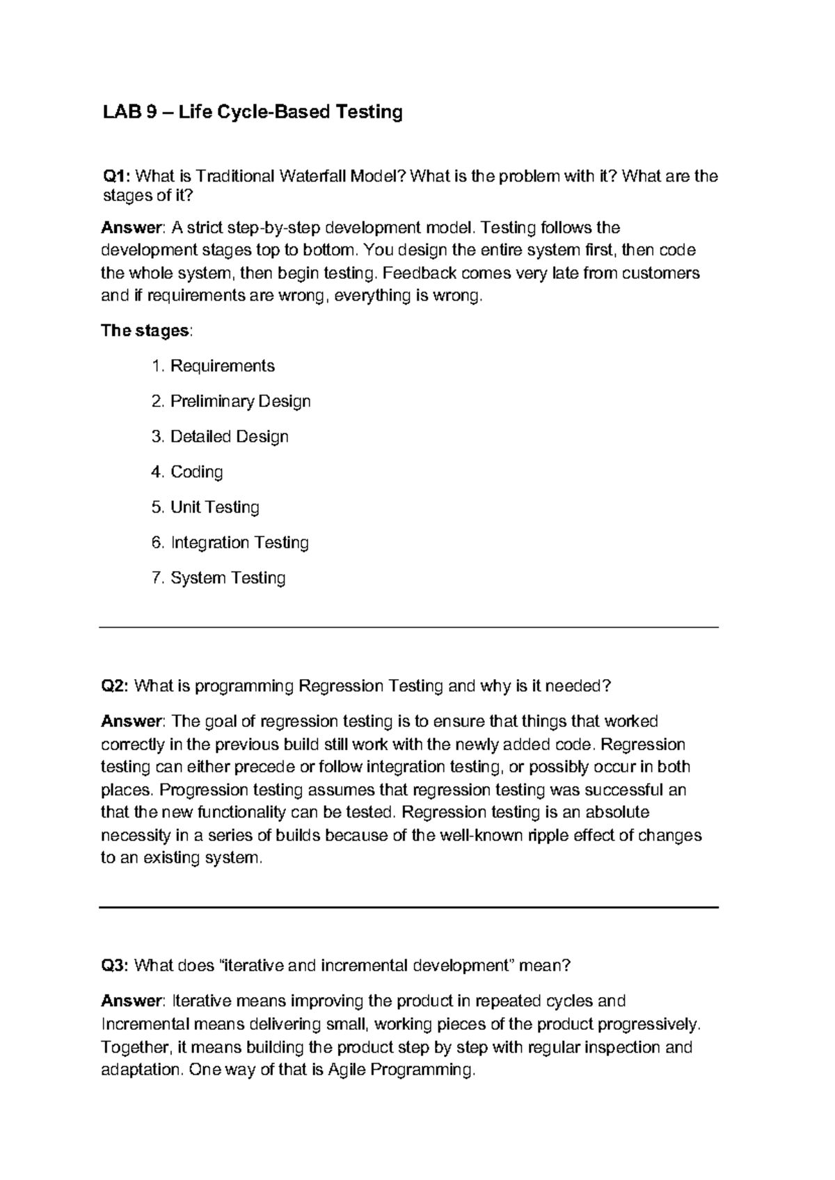 LAB 9 - STQA Life Testing: Waterfall, Agile, and TDD Insights - Studocu