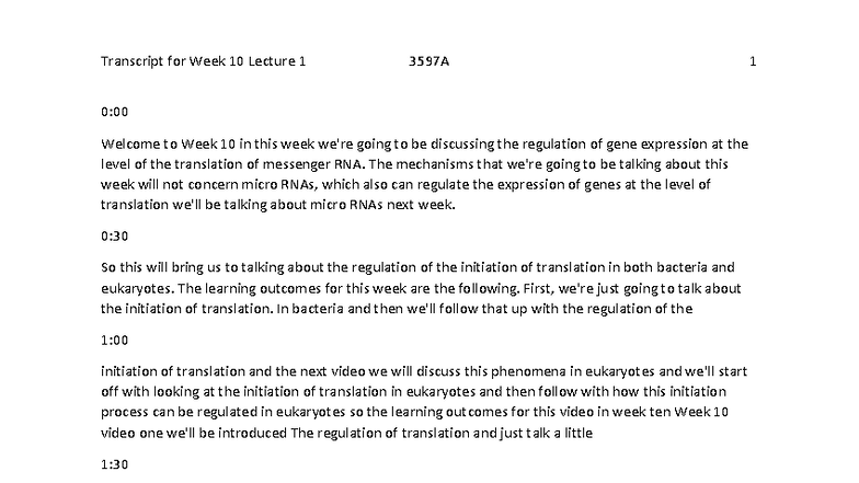 Week 10 Lecture 1: Regulation of Gene Expression in Translation (3597A ...