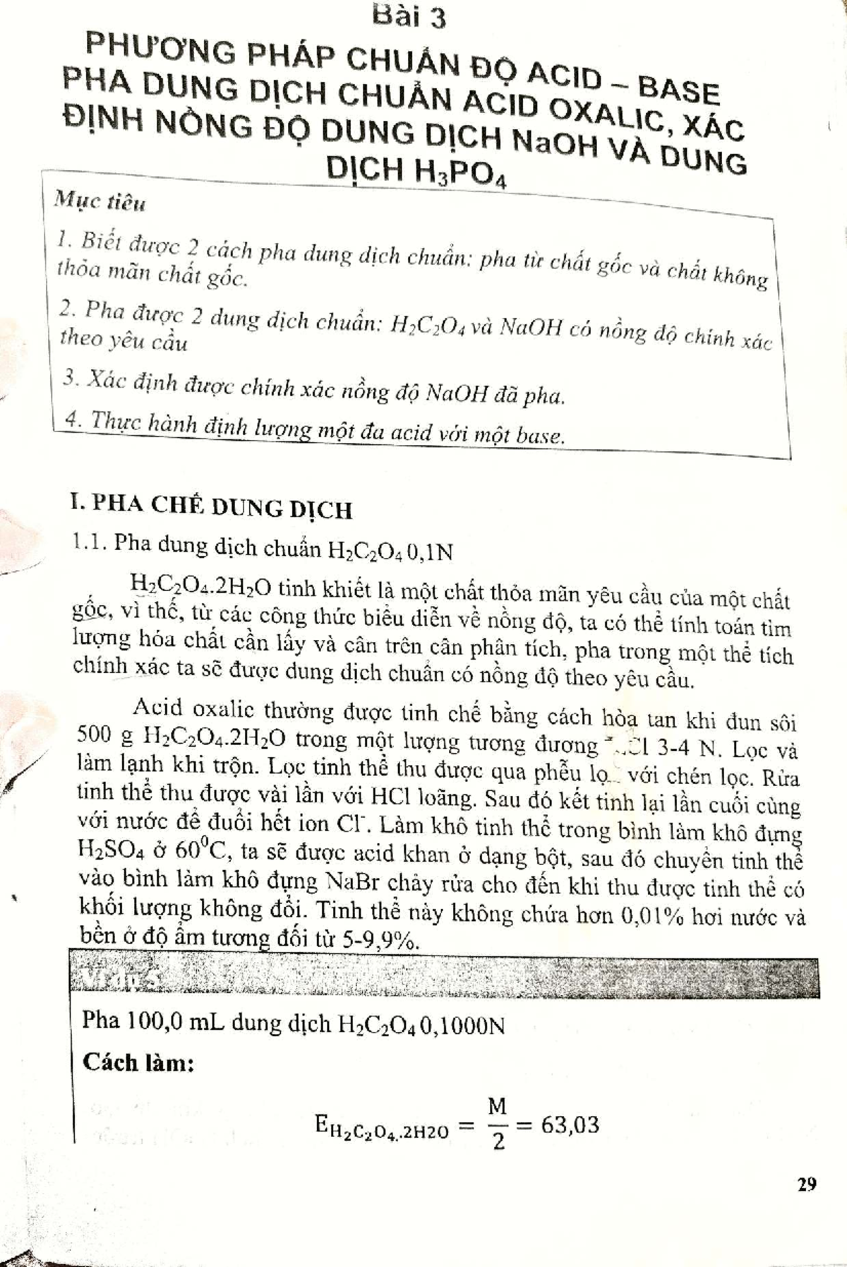 Bài 3: Pháp Chuẩn Acid Pha Dung Dịch Chuẩn H₂C₂O₄ và NaOH - Studocu