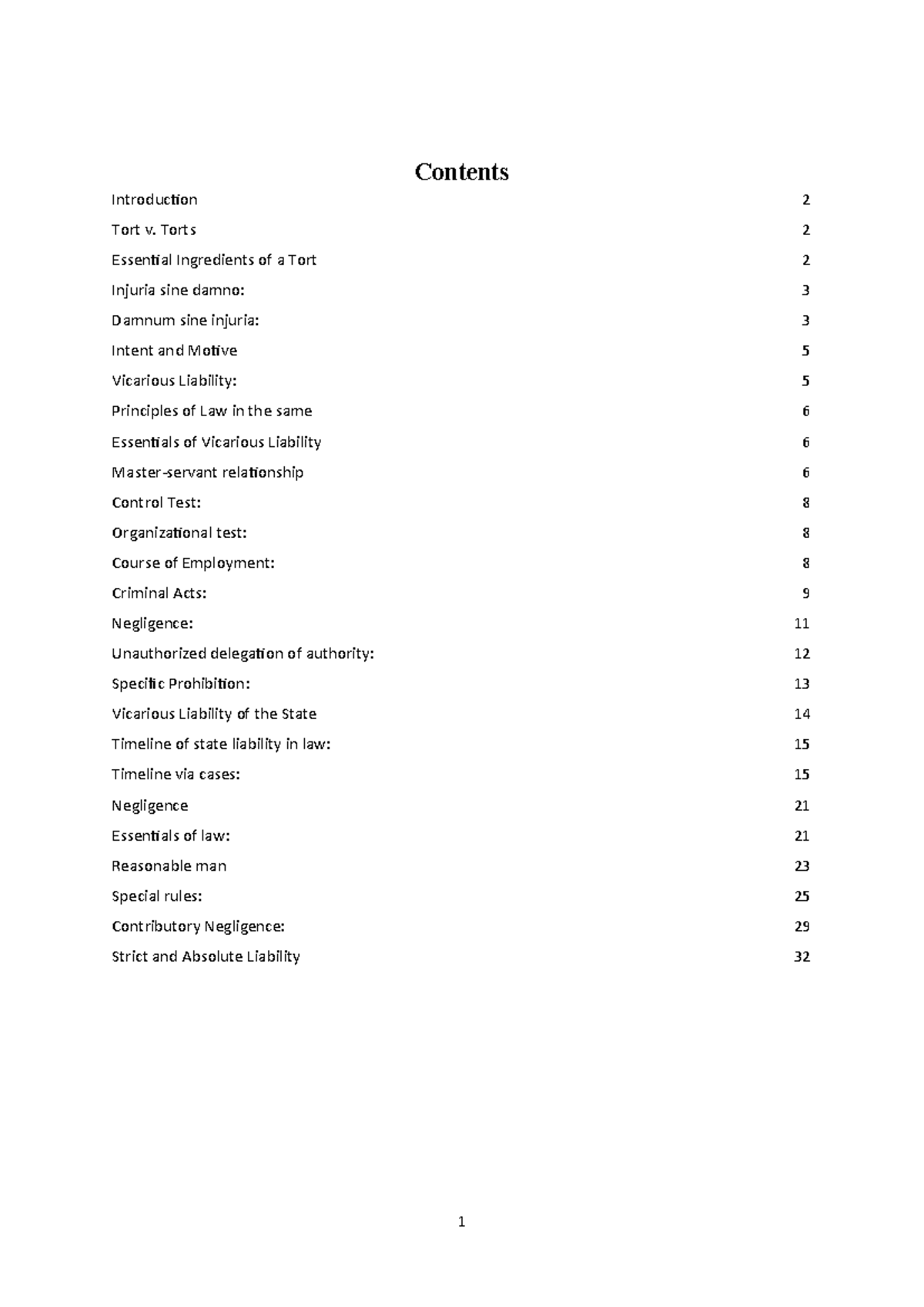 Law of Tort (Final Exam) Last Minute Revision Notes - Studocu