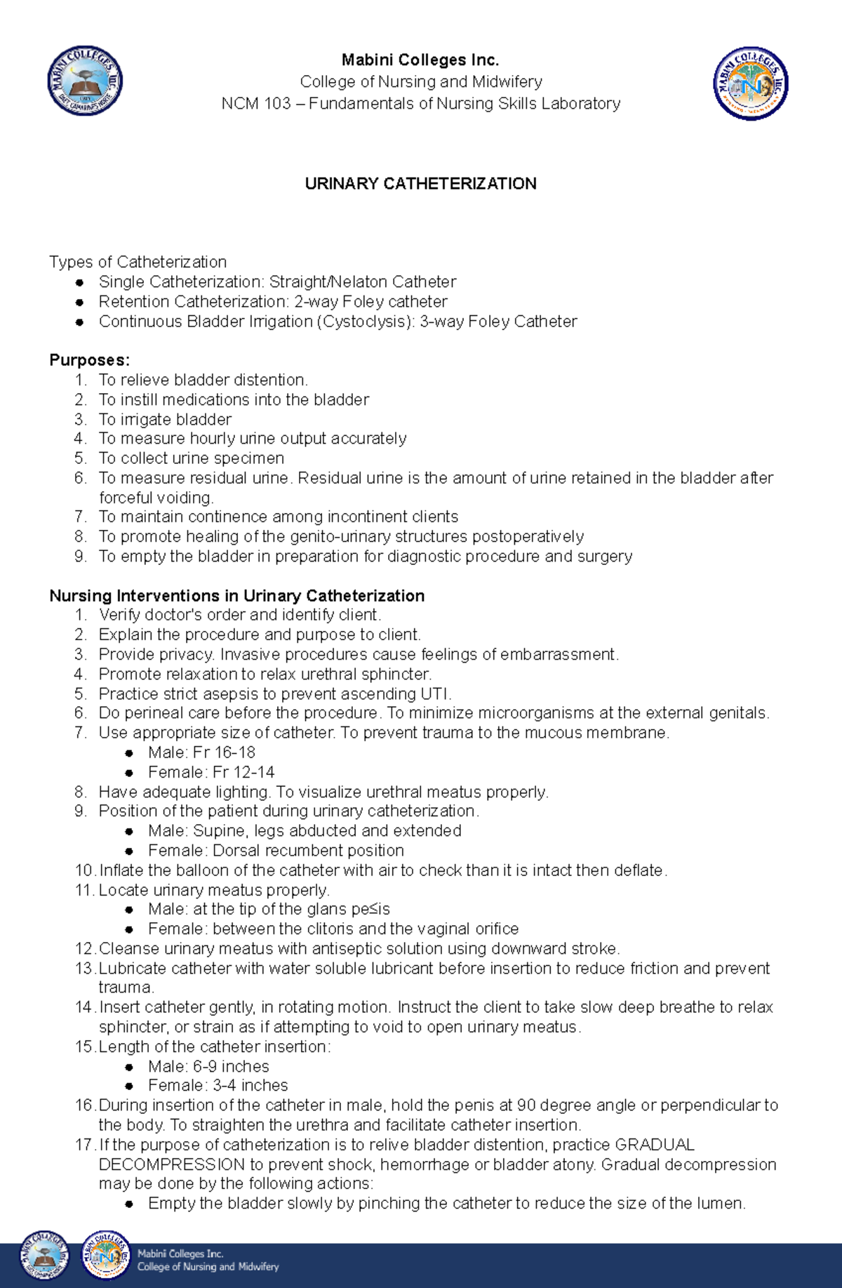 NCM 103 - Urinary Catheterization and Nursing Interventions Guide - Studocu