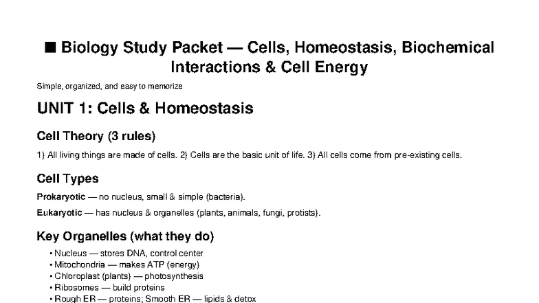Biology Study Packet: Cells, Homeostasis & Energy Concepts - Studocu