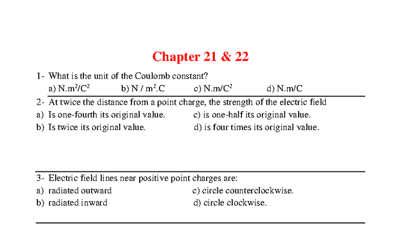 Chapter 21 & 22 - Coulomb's Law and Electric Fields Overview - Studocu