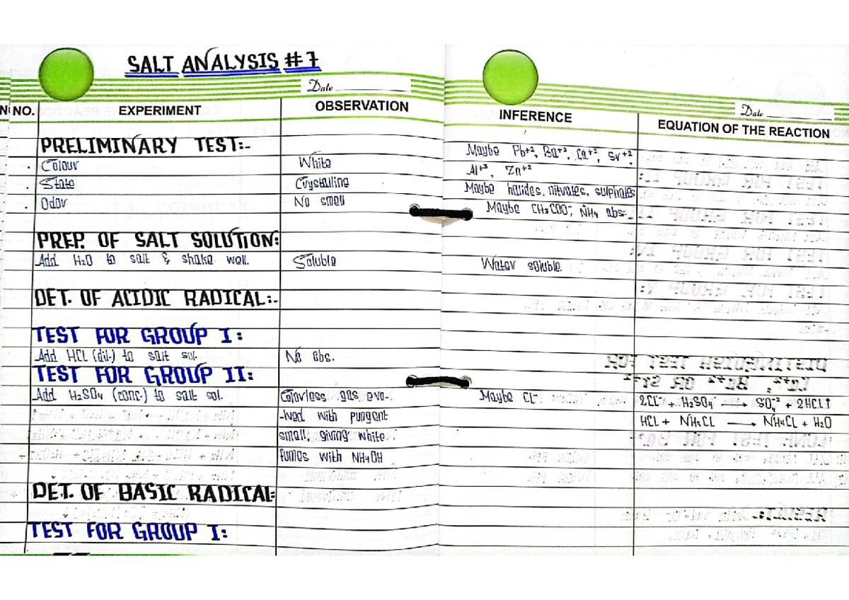 Chemistry Journal SALT Analysis 7-10 - SALT ANALYSIS 7 Date NO ...